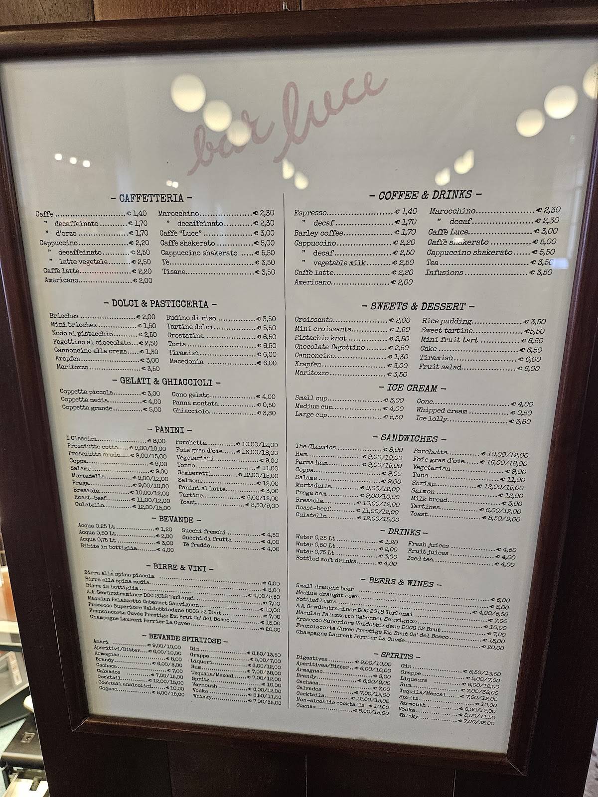 Menu da Bar Luce, Milano, L.go Isarco