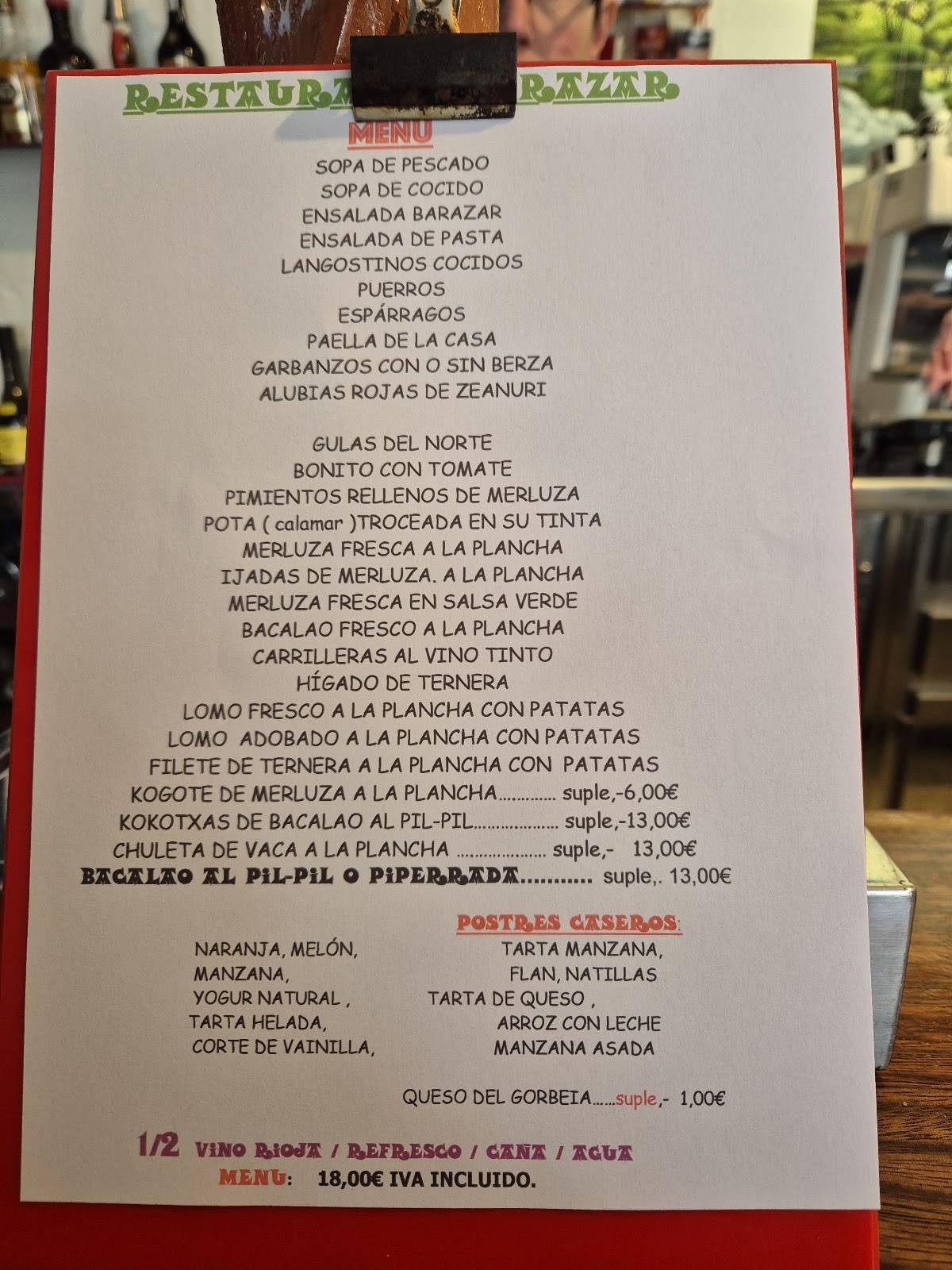 Carta de Bar Restaurante Barazar S.L, Ceánuri