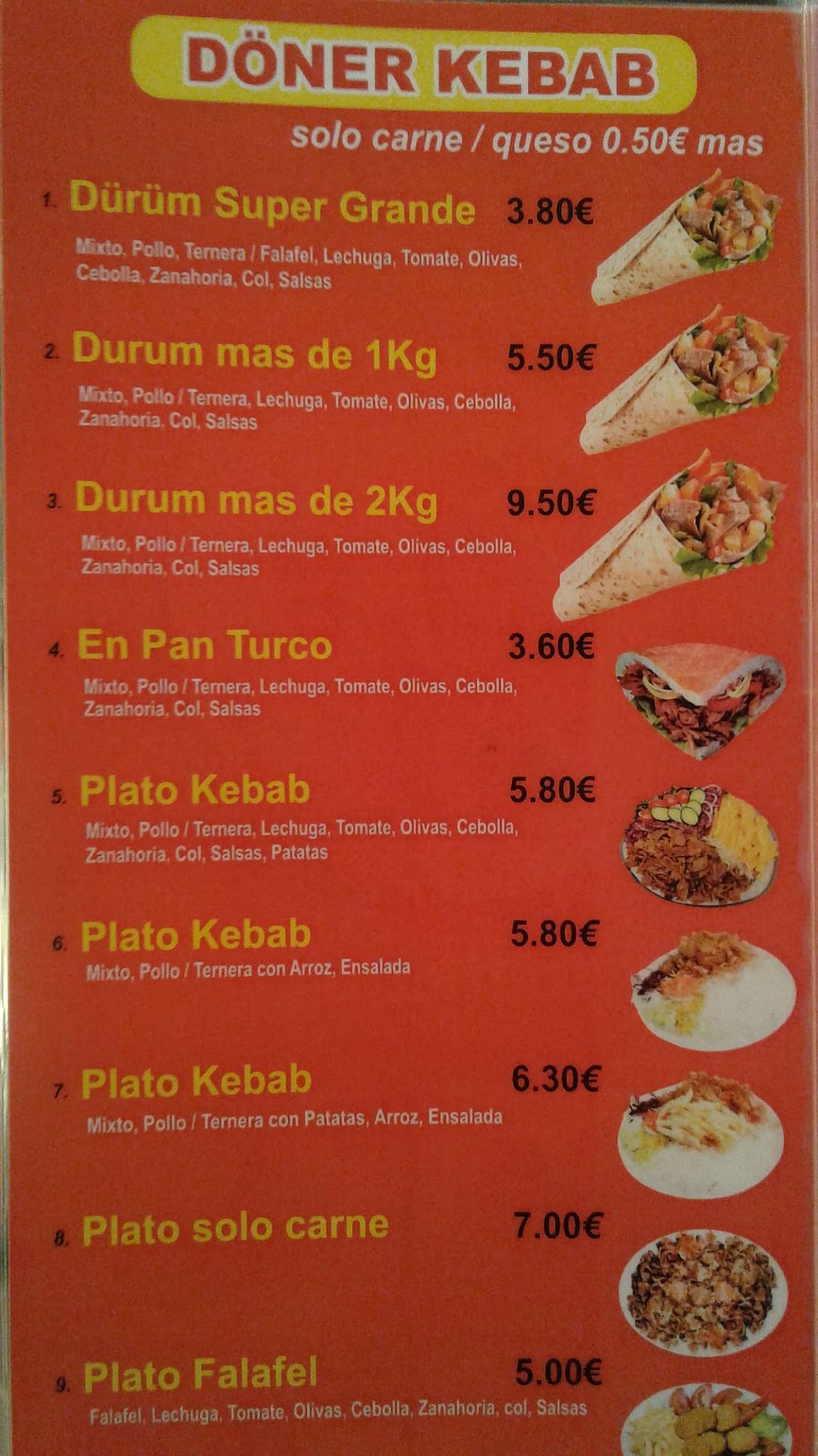 Menu at Bar Restaurante Rico Kebab-3, Barcelona, Carrer de Blai