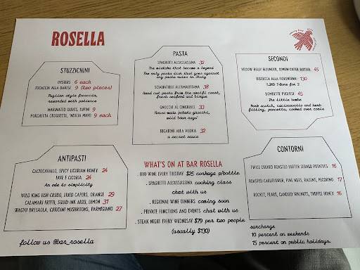 Carta de Bar Rosella, Fitzroy