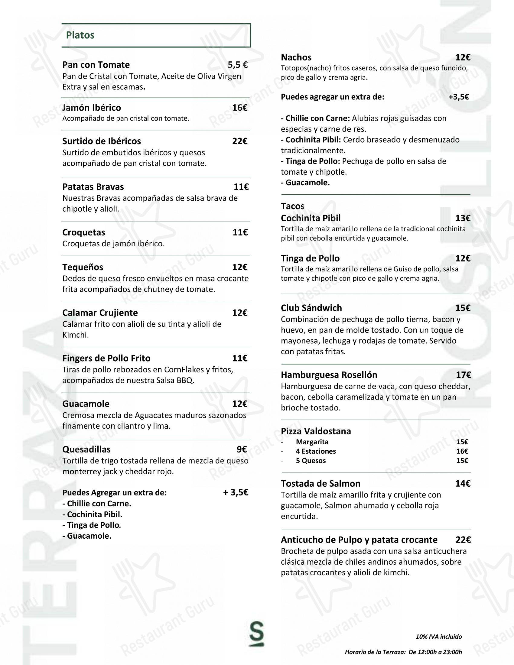 Carta de Bar - Terrassa Sercotel Rosselló, Barcelona