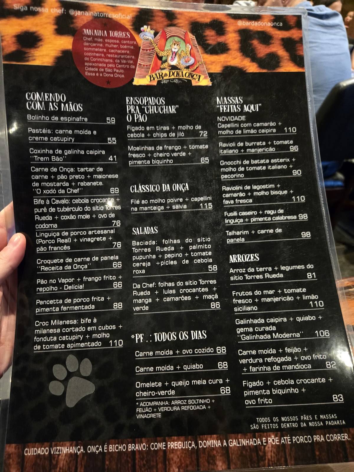 Menu at Bar da Dona Onça, São Paulo, Edifício Copan - Av. Ipiranga