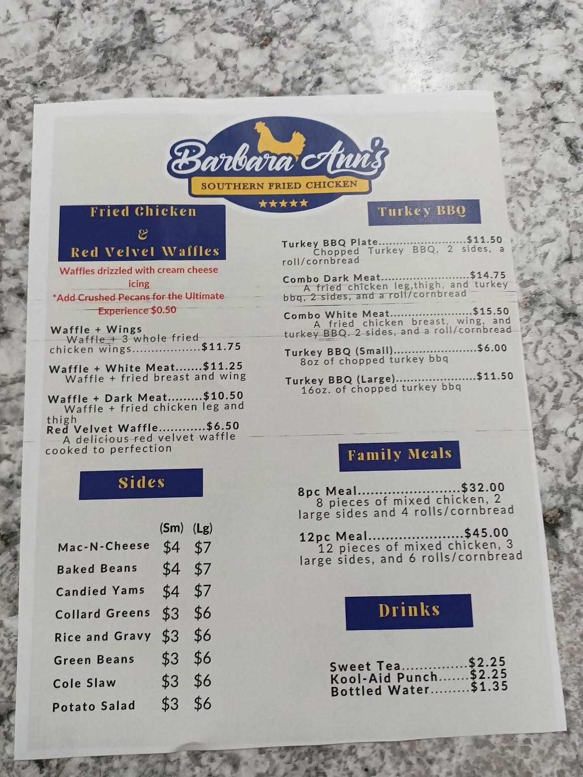 Menu at Barbara Ann's Southern Fried Chicken, Hope Mills