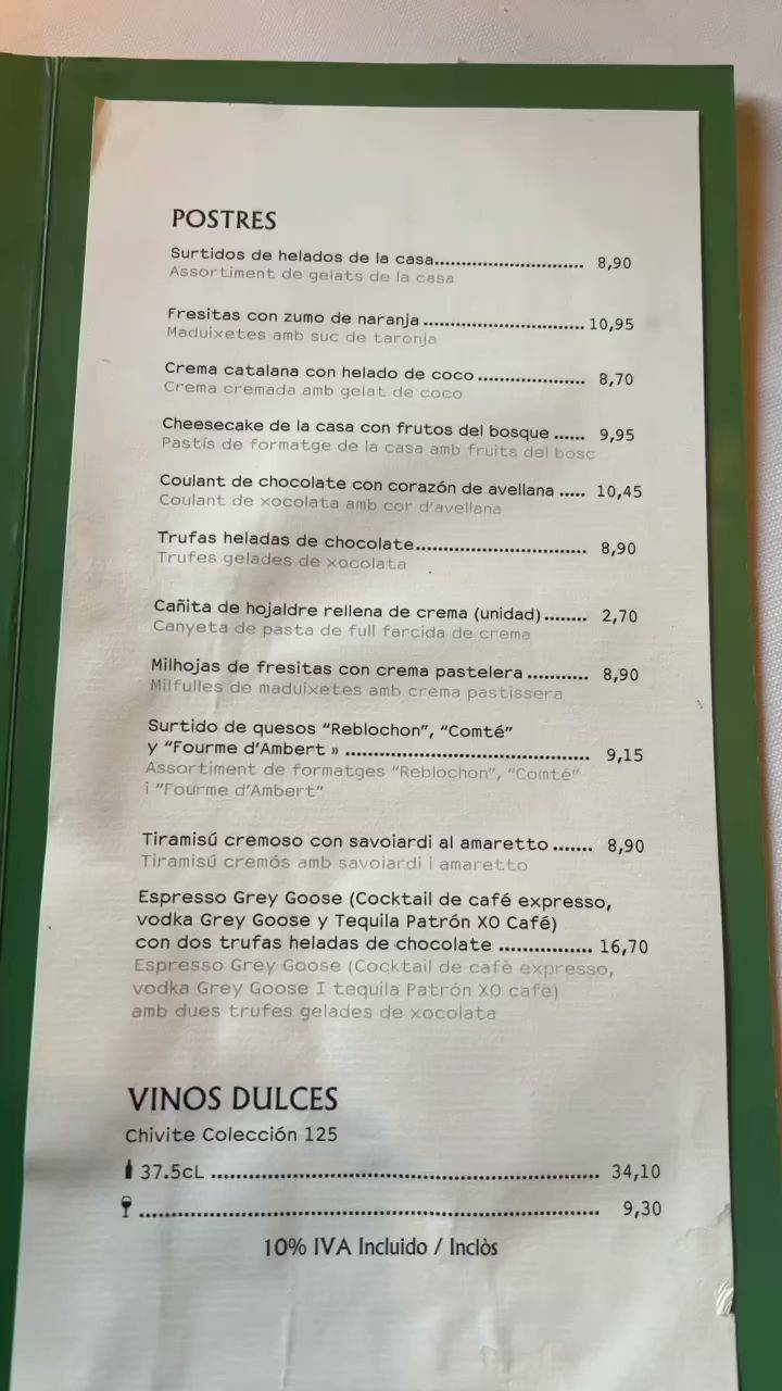 Menu at Feroz Barcelona, Barcelona