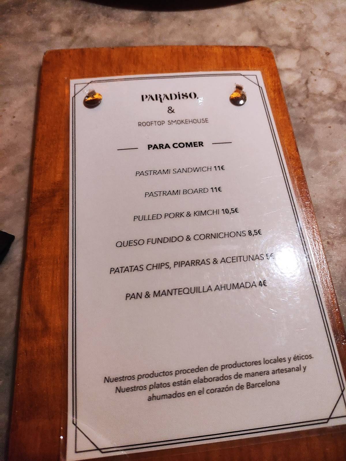 Menu at Paradiso pub & bar, Barcelona