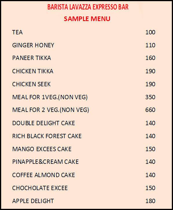 Menu at Barista Coffee Shop, Gurugram, Ground Floor