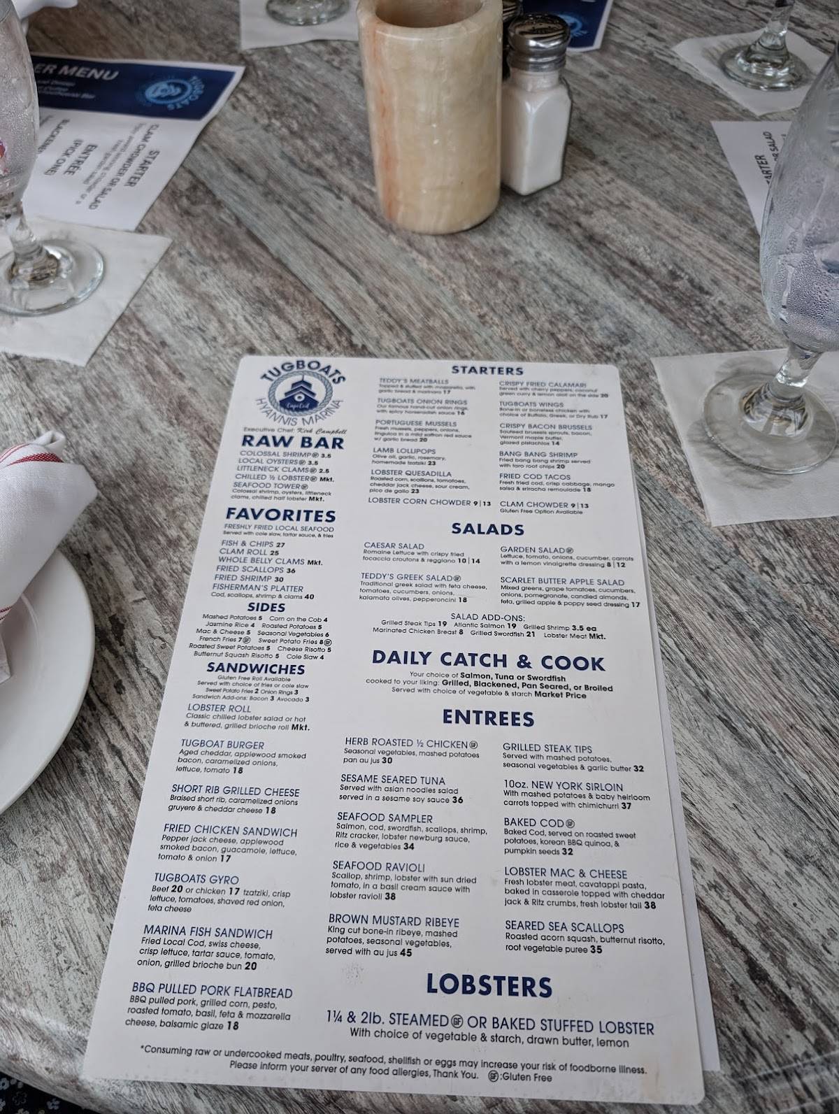 Menu at Tugboats at Hyannis Marina pub & bar, Yarmouth