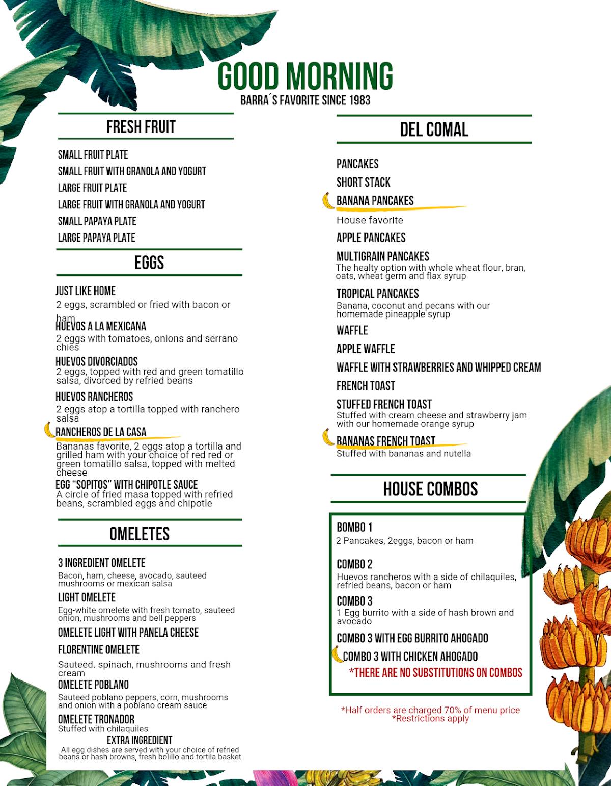 Menu at Bananas restaurant, Barra de Navidad