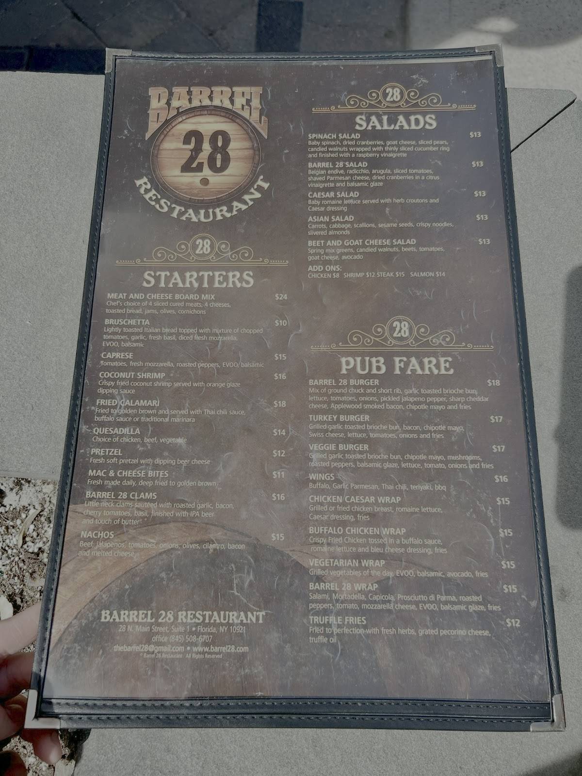 Menu at Barrel 28, Florida