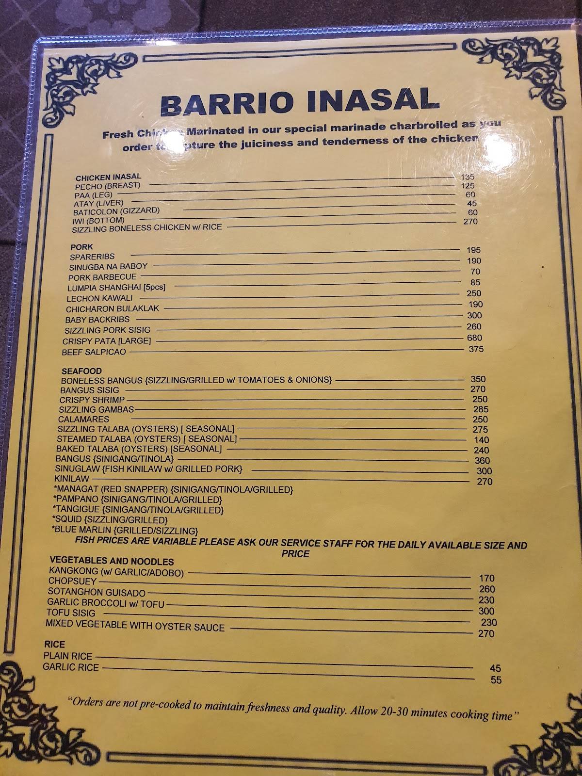 Menu at Barrio Inasal, Iloilo City, Aurora Subdivision