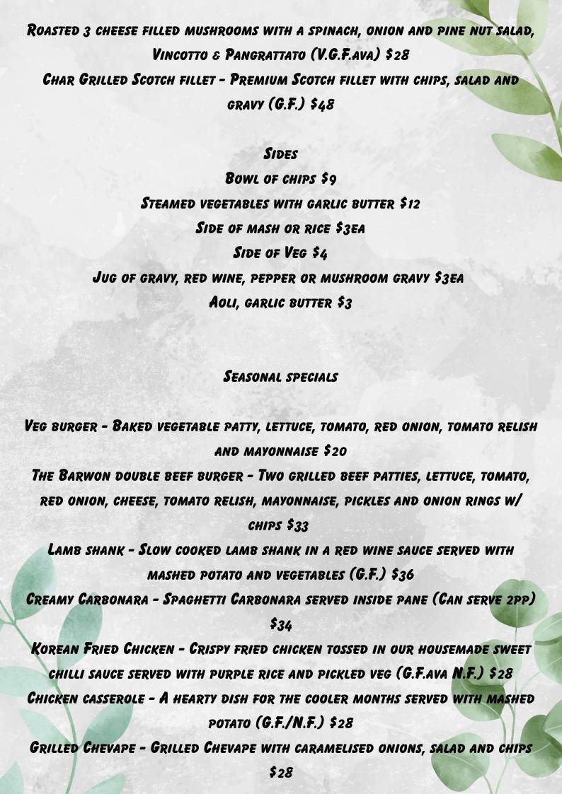 Menu at Barwon Hotel, Winchelsea, Winchelsea, 1 Main St