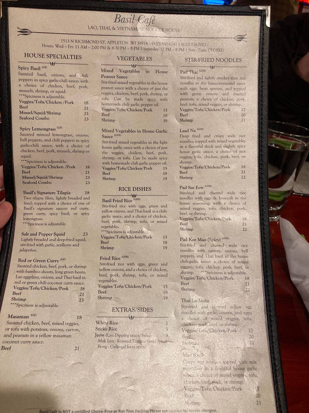 Menu at Basil Café restaurant, Appleton