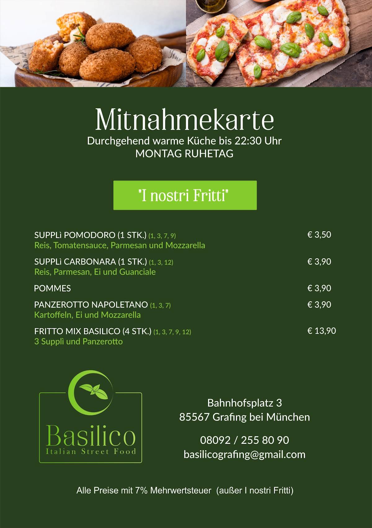 Speisekarte von Basilico - Pizza, Pasta & Italian Street Food, Grafing ...