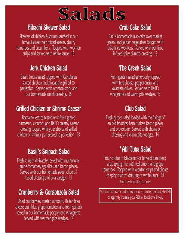Menu at Basil's Restaurant & Pizzeria, Greenville