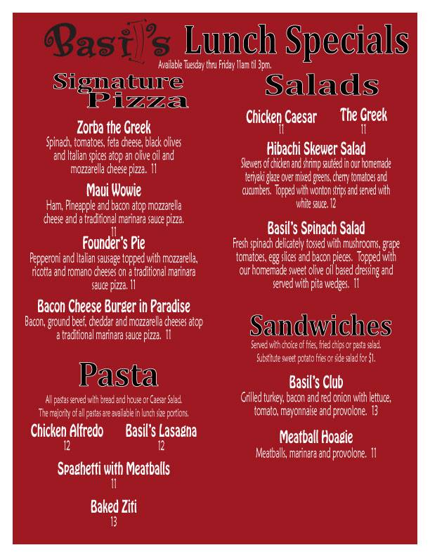 Menu at Basil's Restaurant & Pizzeria, Greenville