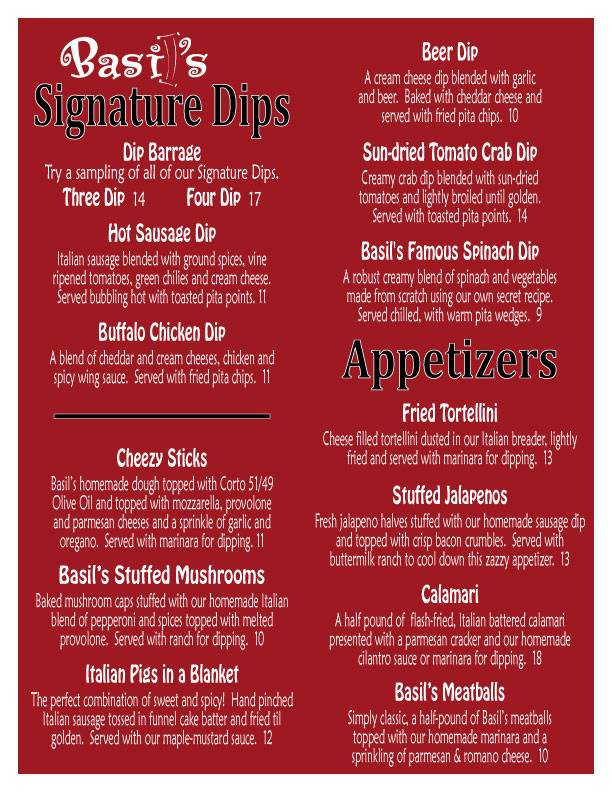 Menu at Basil's Restaurant & Pizzeria, Greenville