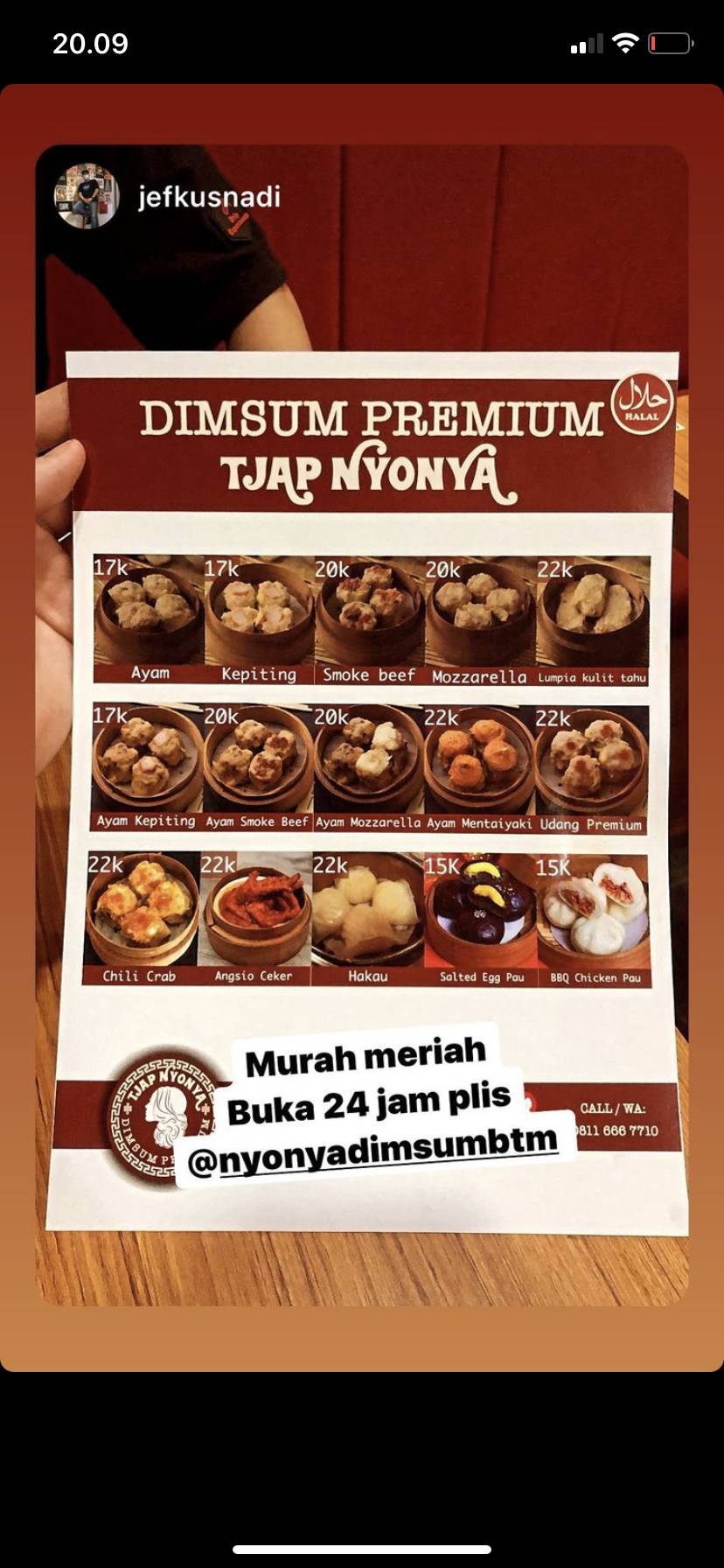 Carta del restaurante Tjap Nyonya Dimsum Shop, Batam