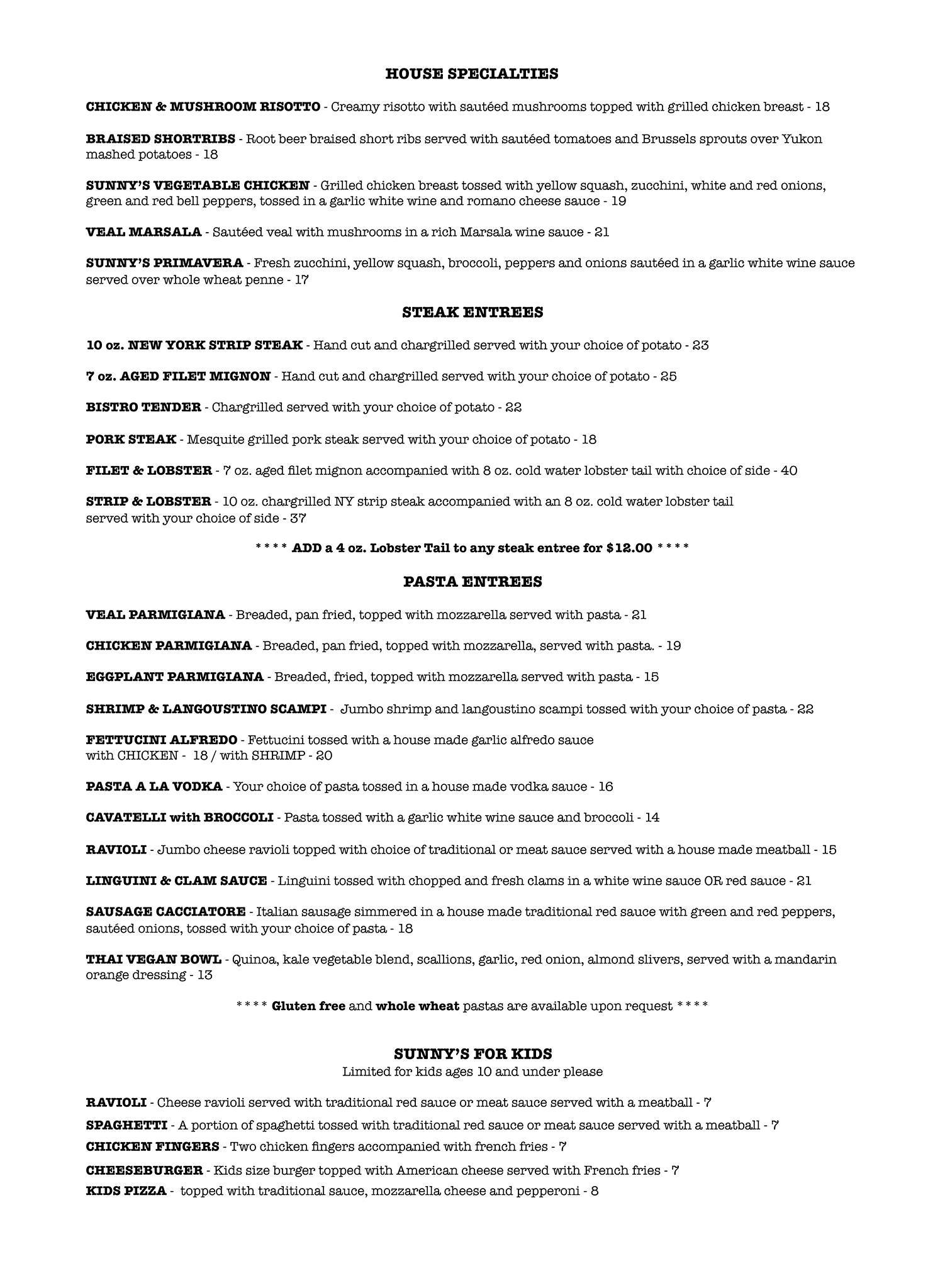 Menu at Sunny's restaurant, Batavia