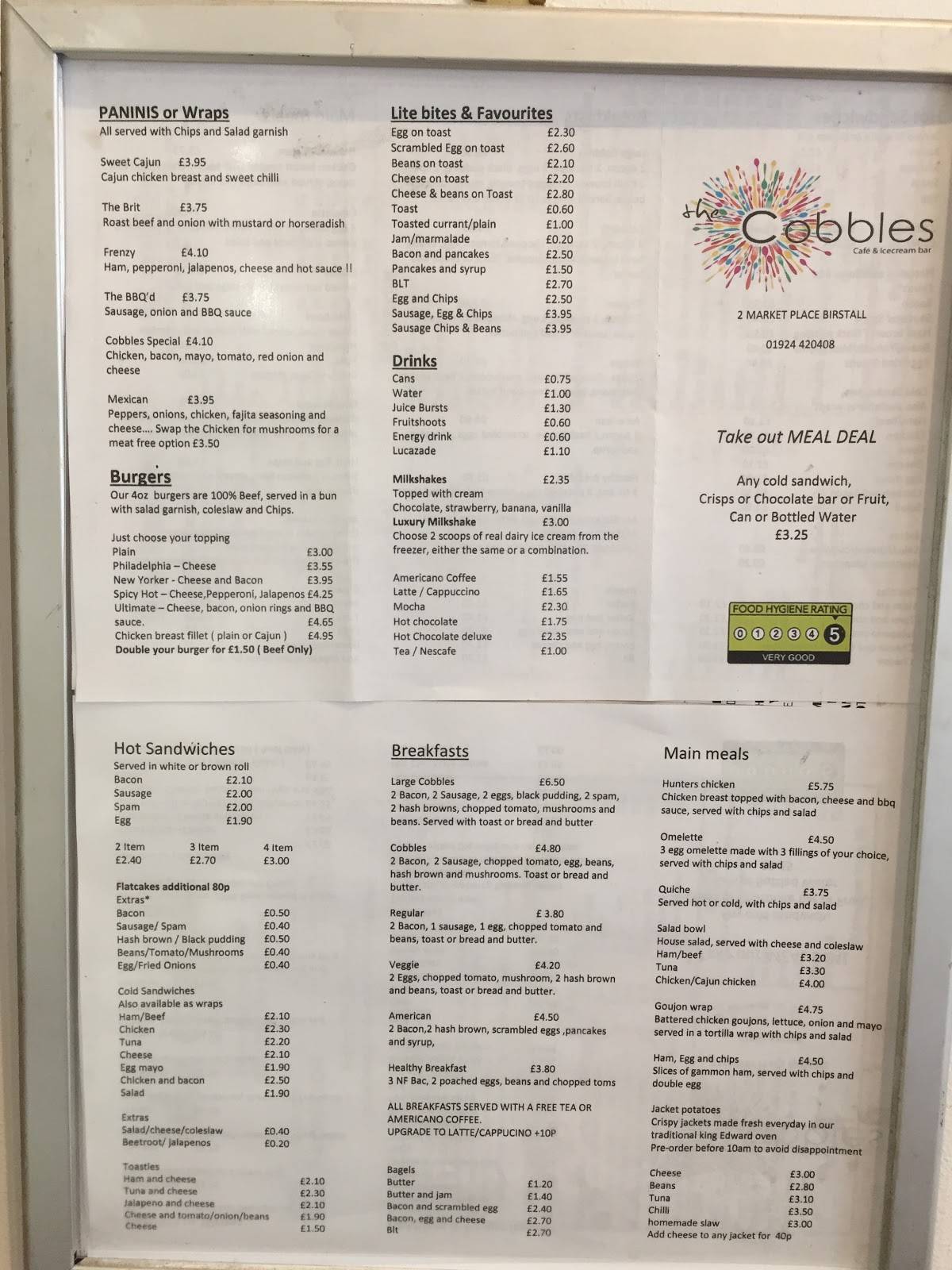 Menu at The Cobbles cafe, Batley