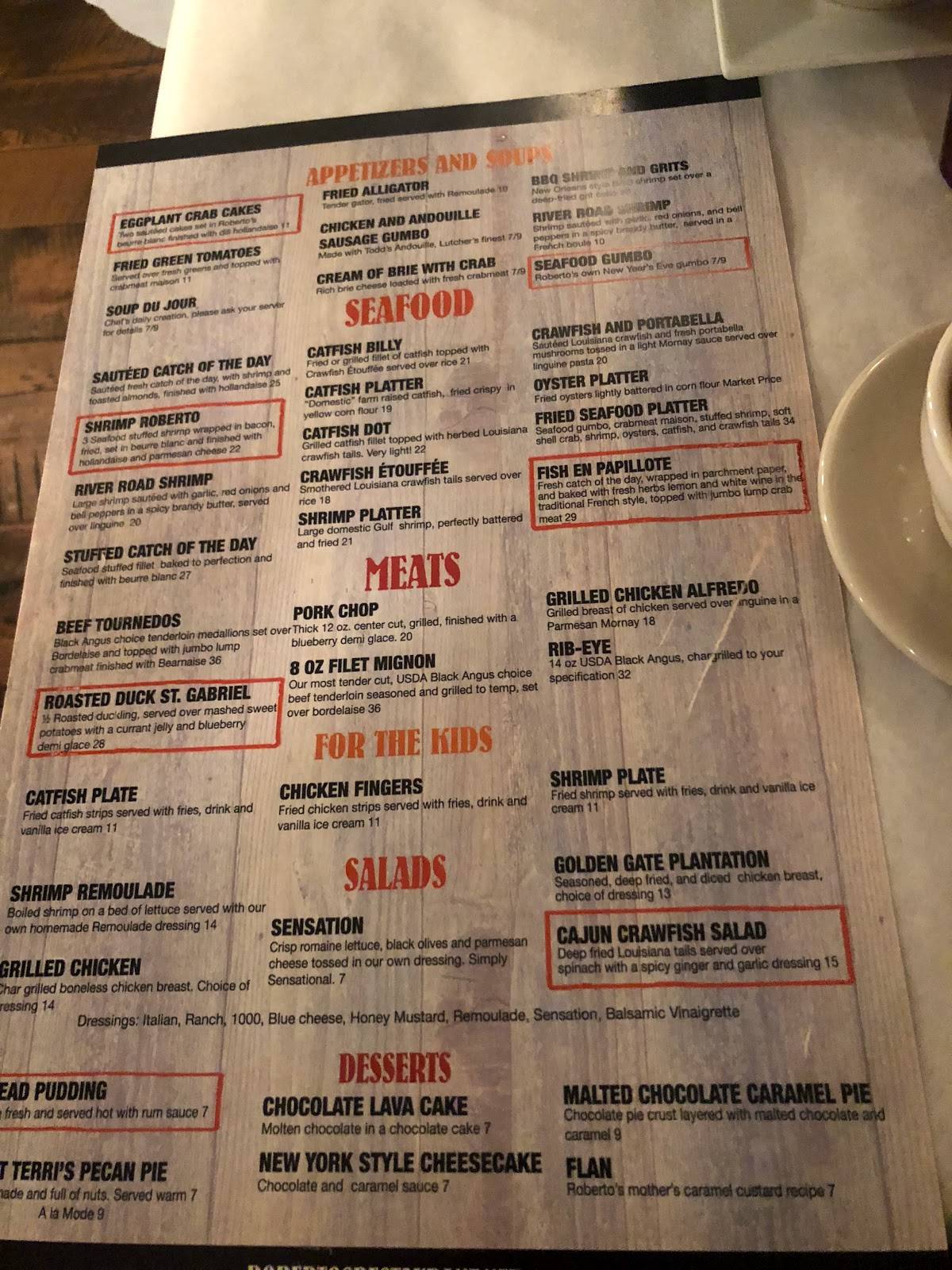 Menu at Roberto's River Road Restaurant, Sunshine