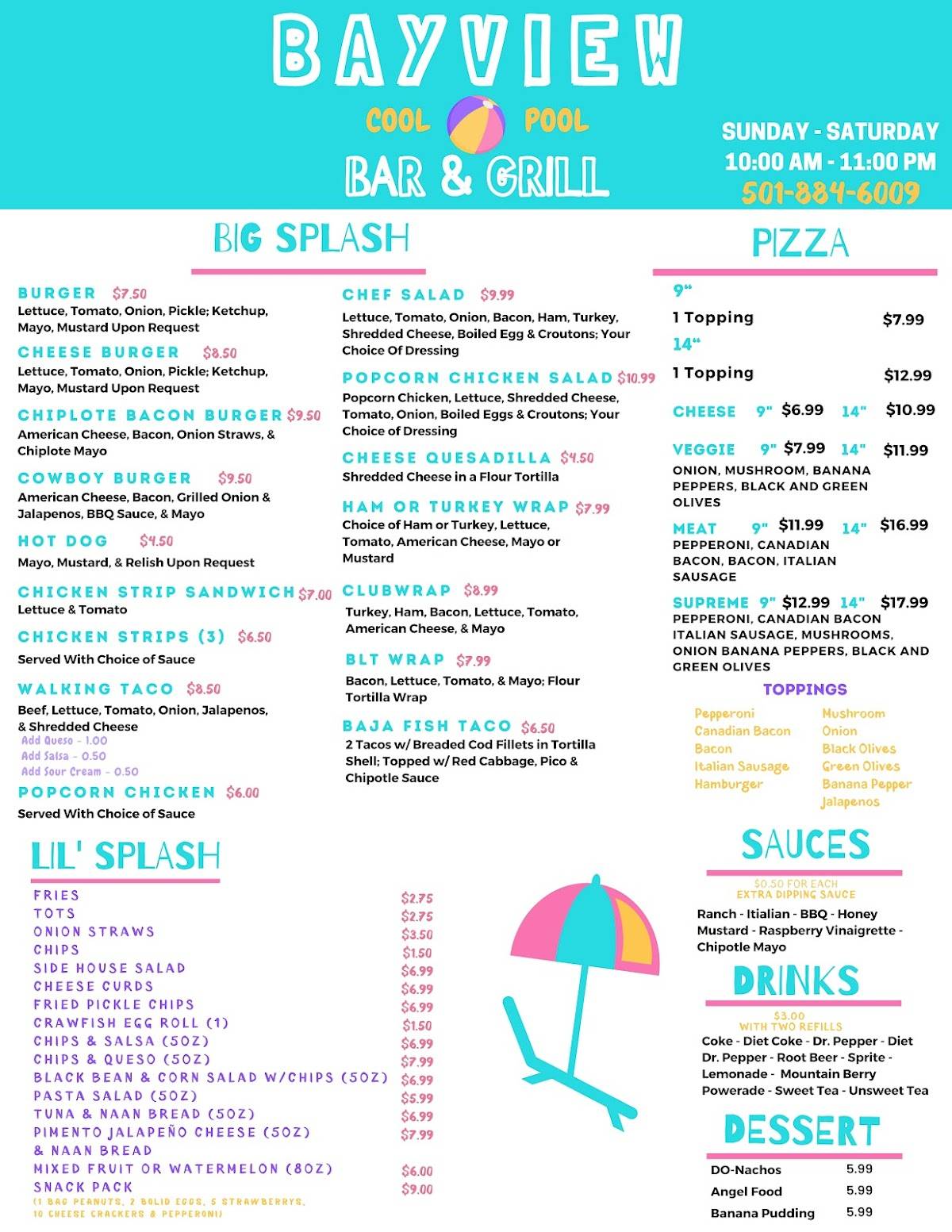 Menu at Bayview Cool Pool Bar & Grill, Fairfield Bay