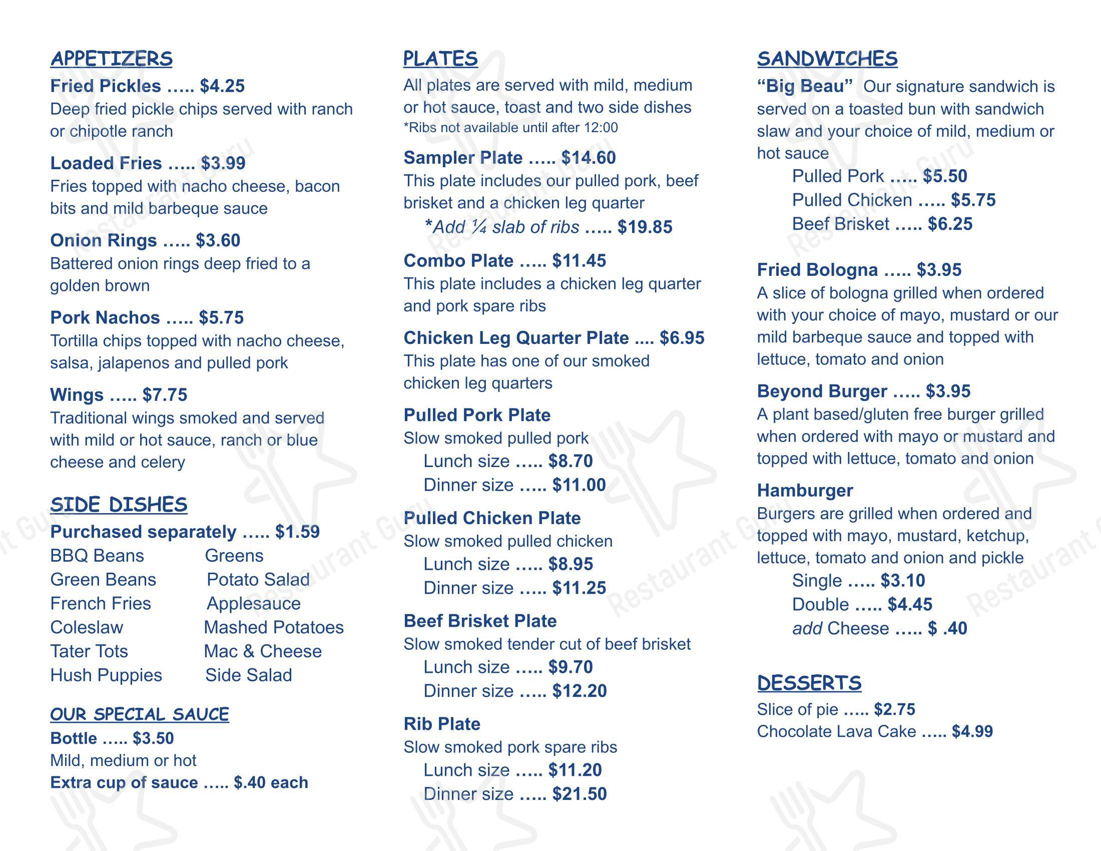 Menu at Beaugard's Southern Bar "B" Que, Wilmington