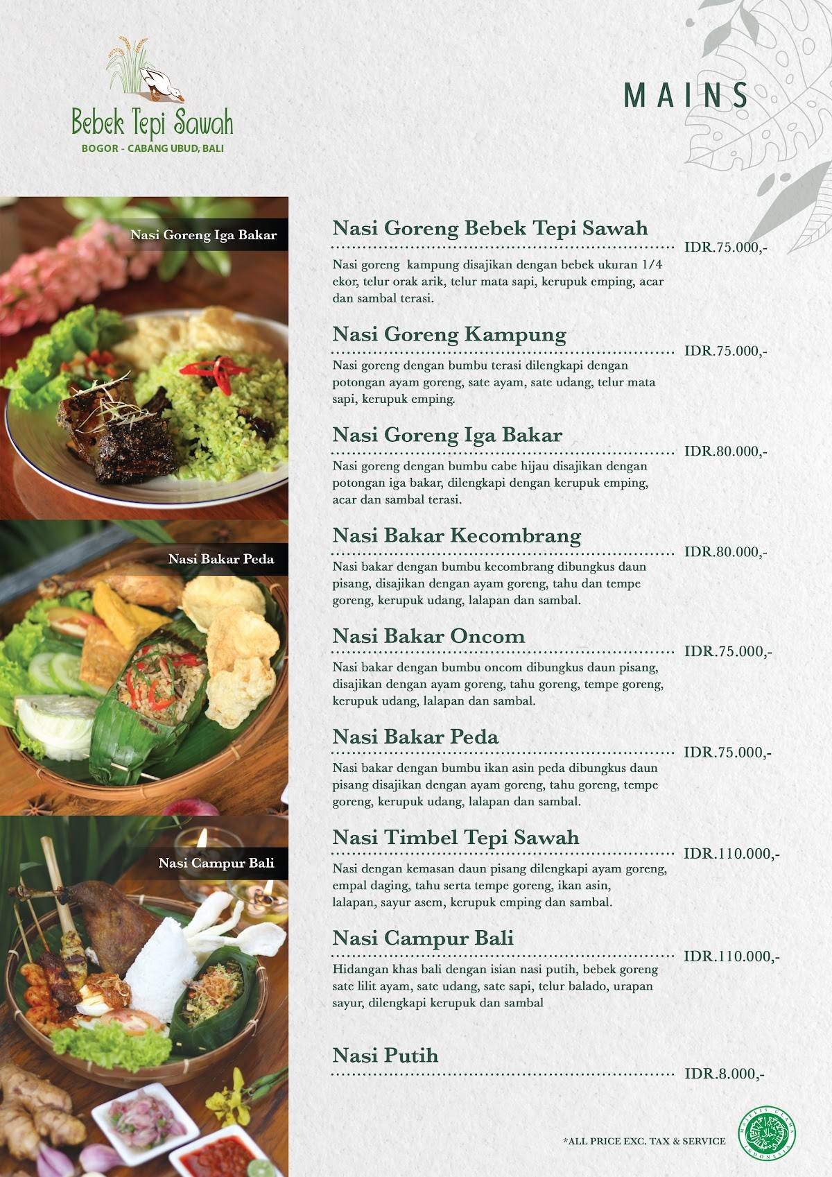 Carta del restaurante Bebek Tepi Sawah Bogor, Bogor