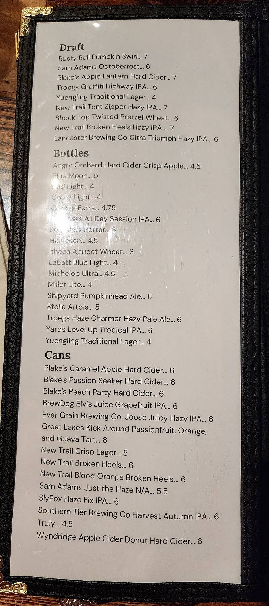 Menu at Beck's Bistro restaurant, Wellsboro