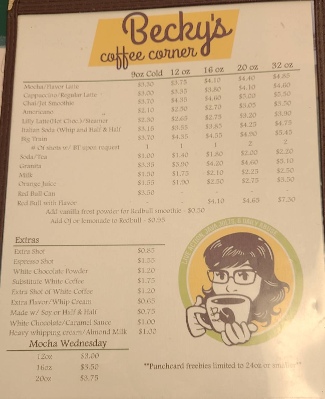 Menu at Becky's Coffee Corner, Prosser