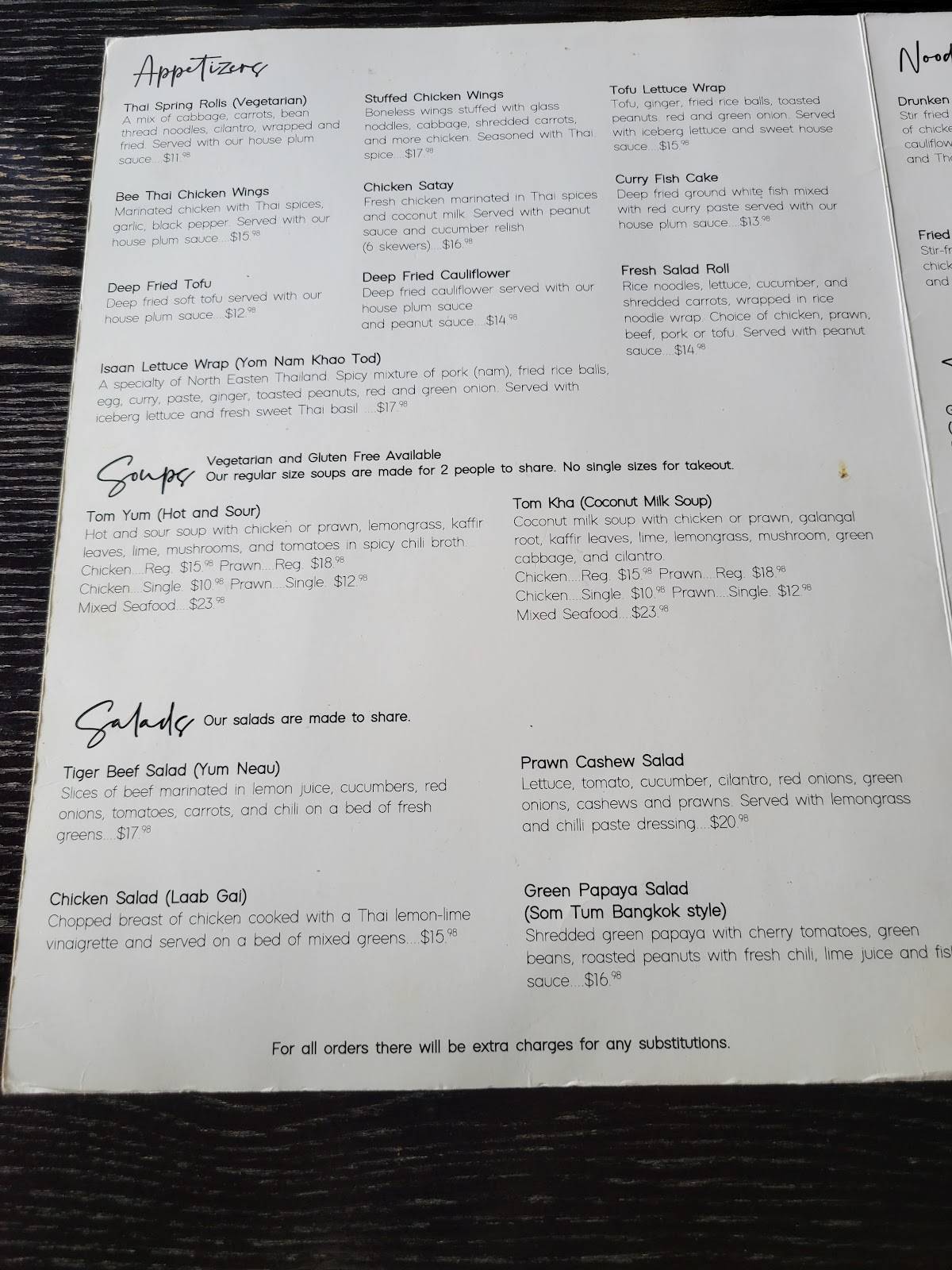 Menu at Bee Thai Cuisine restaurant, Mission