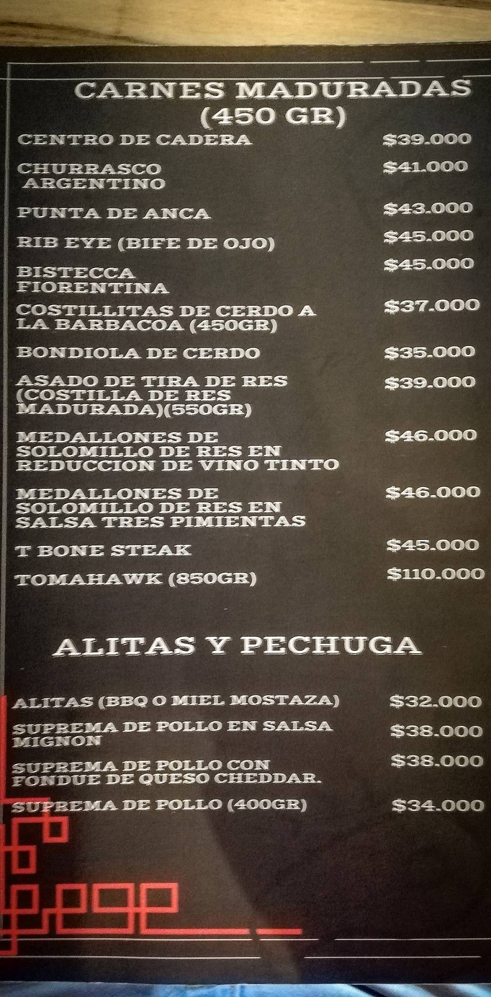 Carta de Beef Master Parrilla, Bogotá