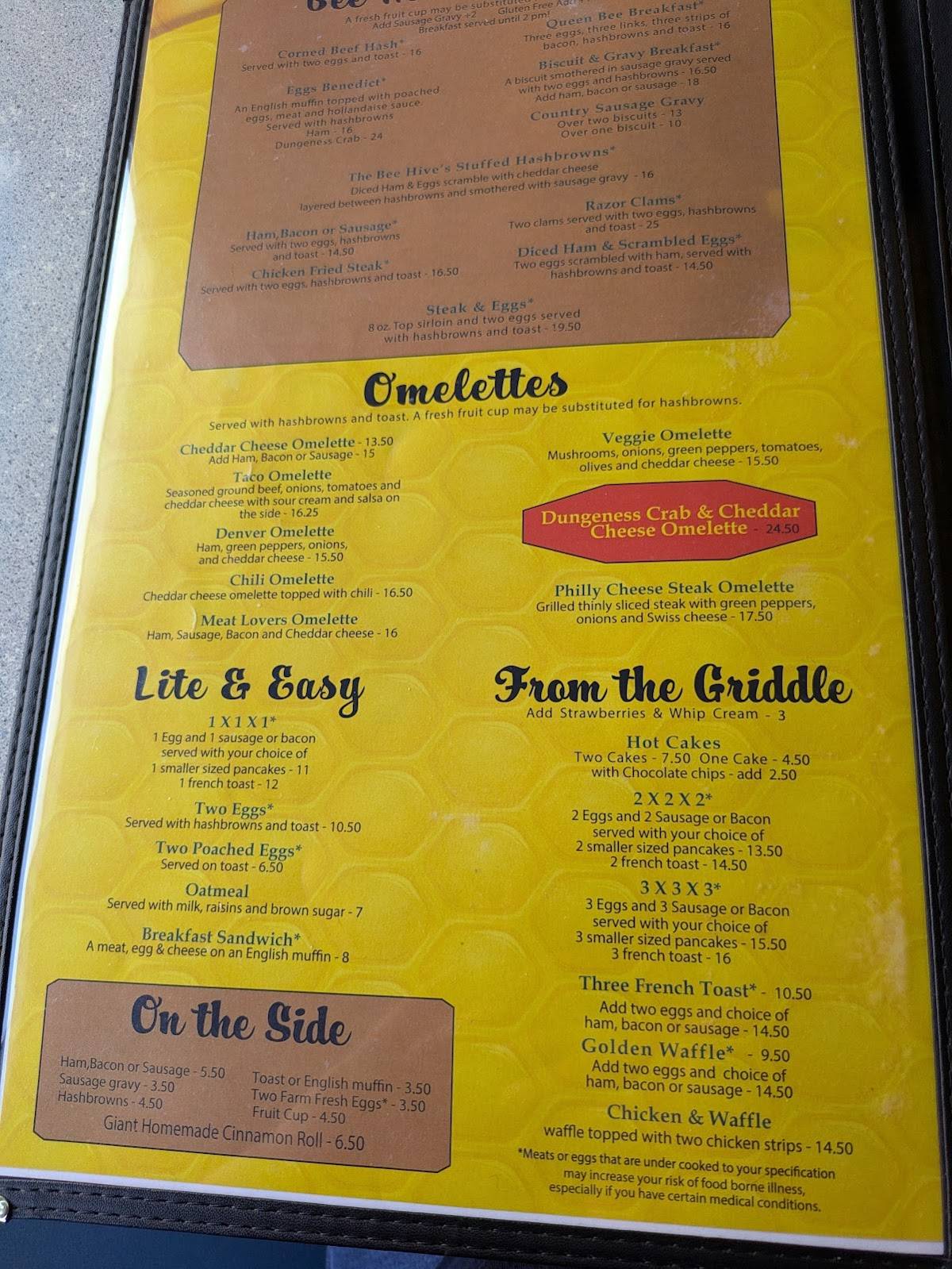 Menu at The Bee Hive Restaurant and Honeycomb Lounge, Montesano