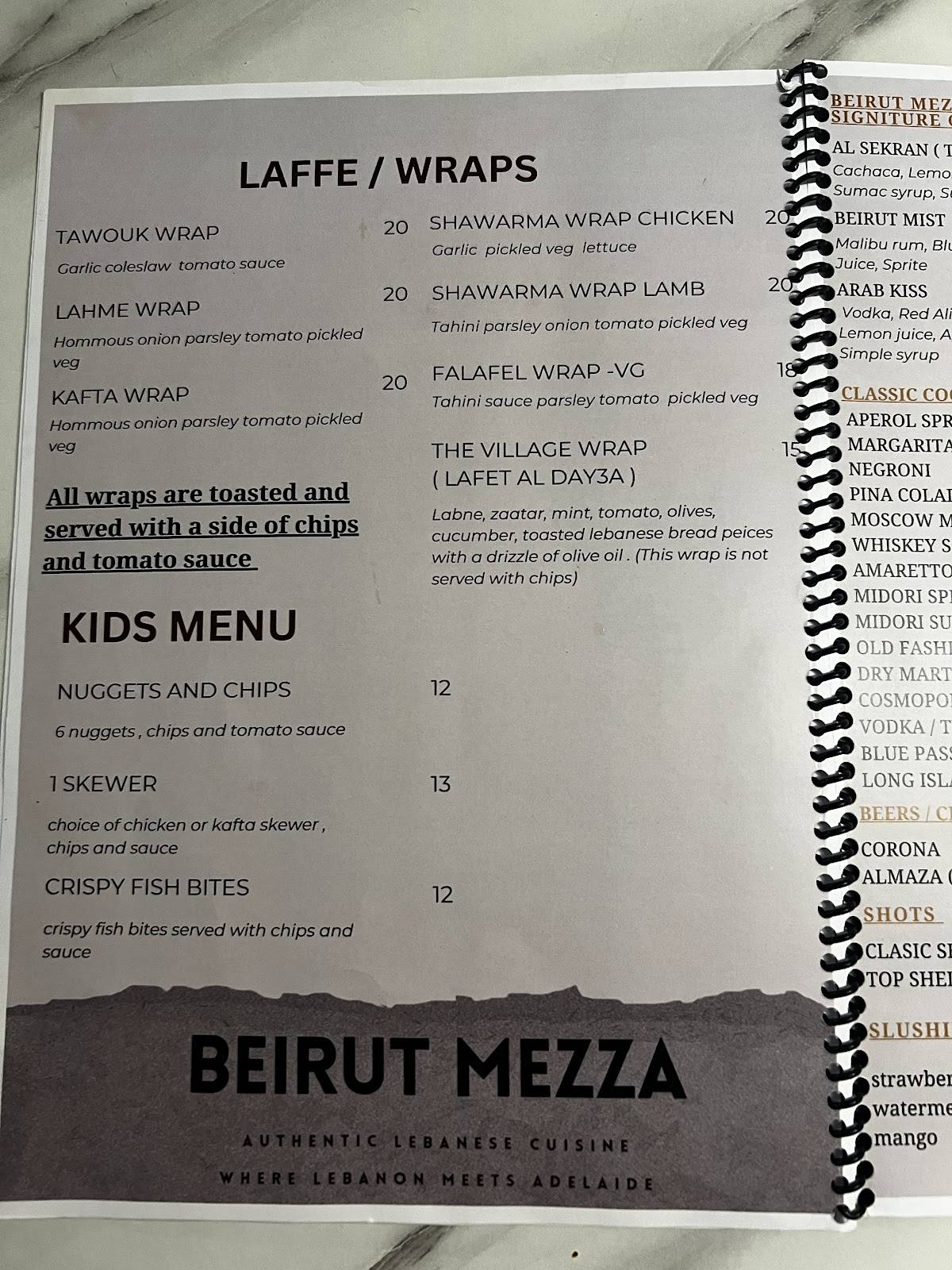 Menu at Beirut Mezza North Adelaide restaurant, North Adelaide