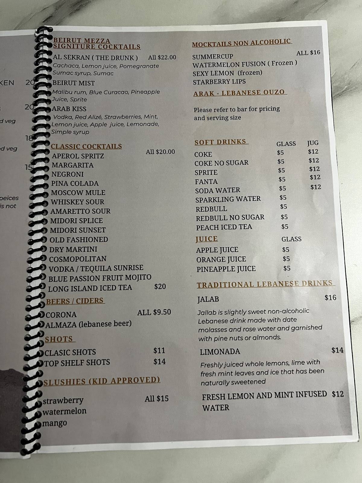 Menu at Beirut Mezza North Adelaide restaurant, North Adelaide
