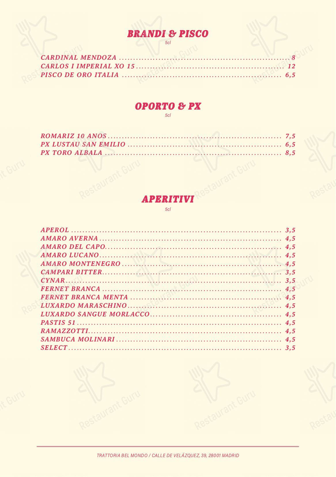 Carta de Restaurante Bel Mondo, Madrid