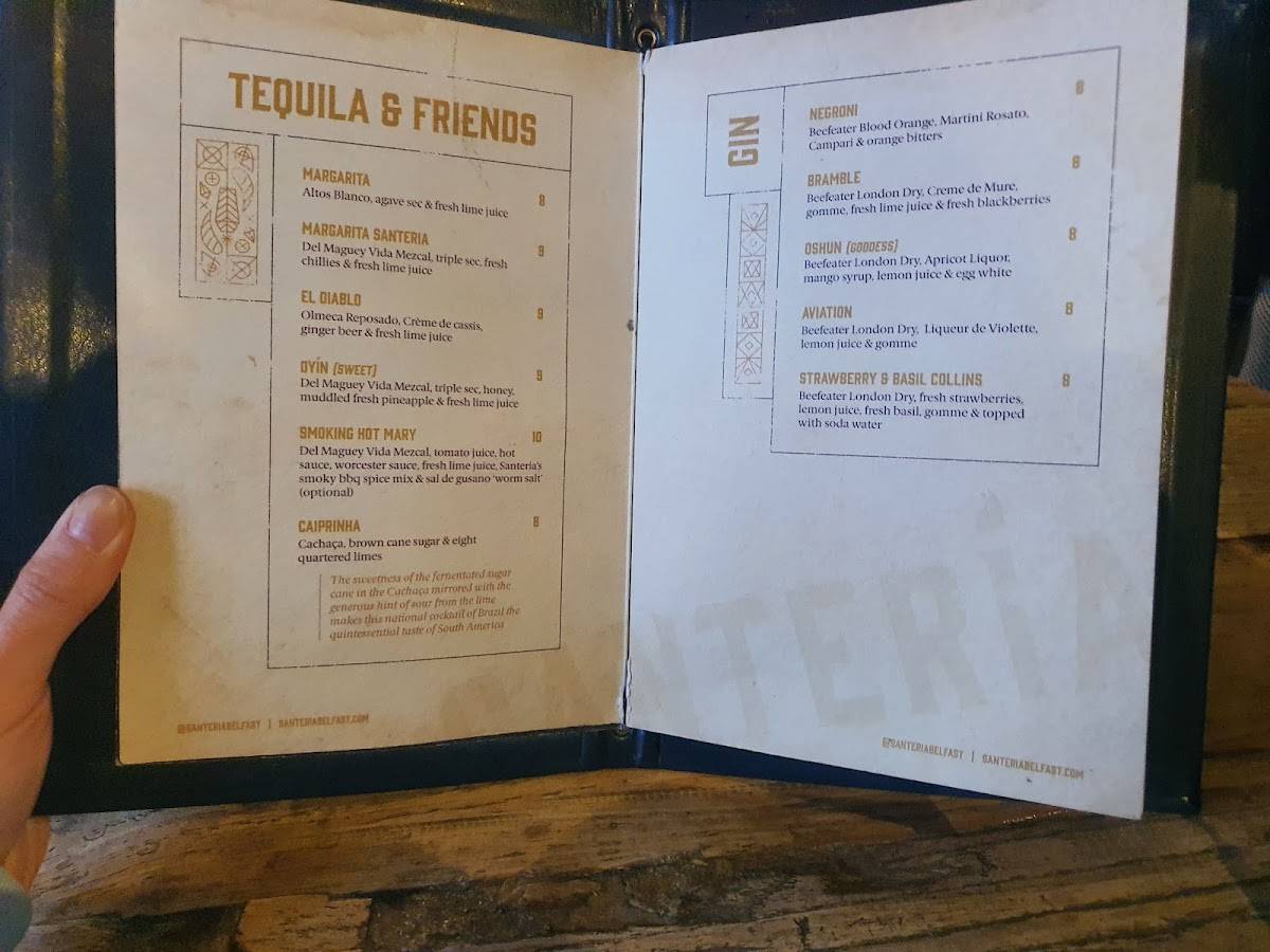 Menu at Orisha Belfast pub & bar, Belfast