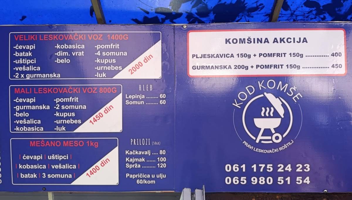 Menu at Kod Komše restaurant, Belgrade, Vojvode Stepe 235