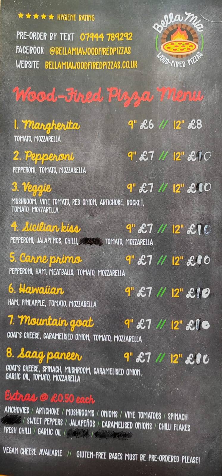 Menu at Bella Mia Wood Fired Pizzas restaurant, Matlock