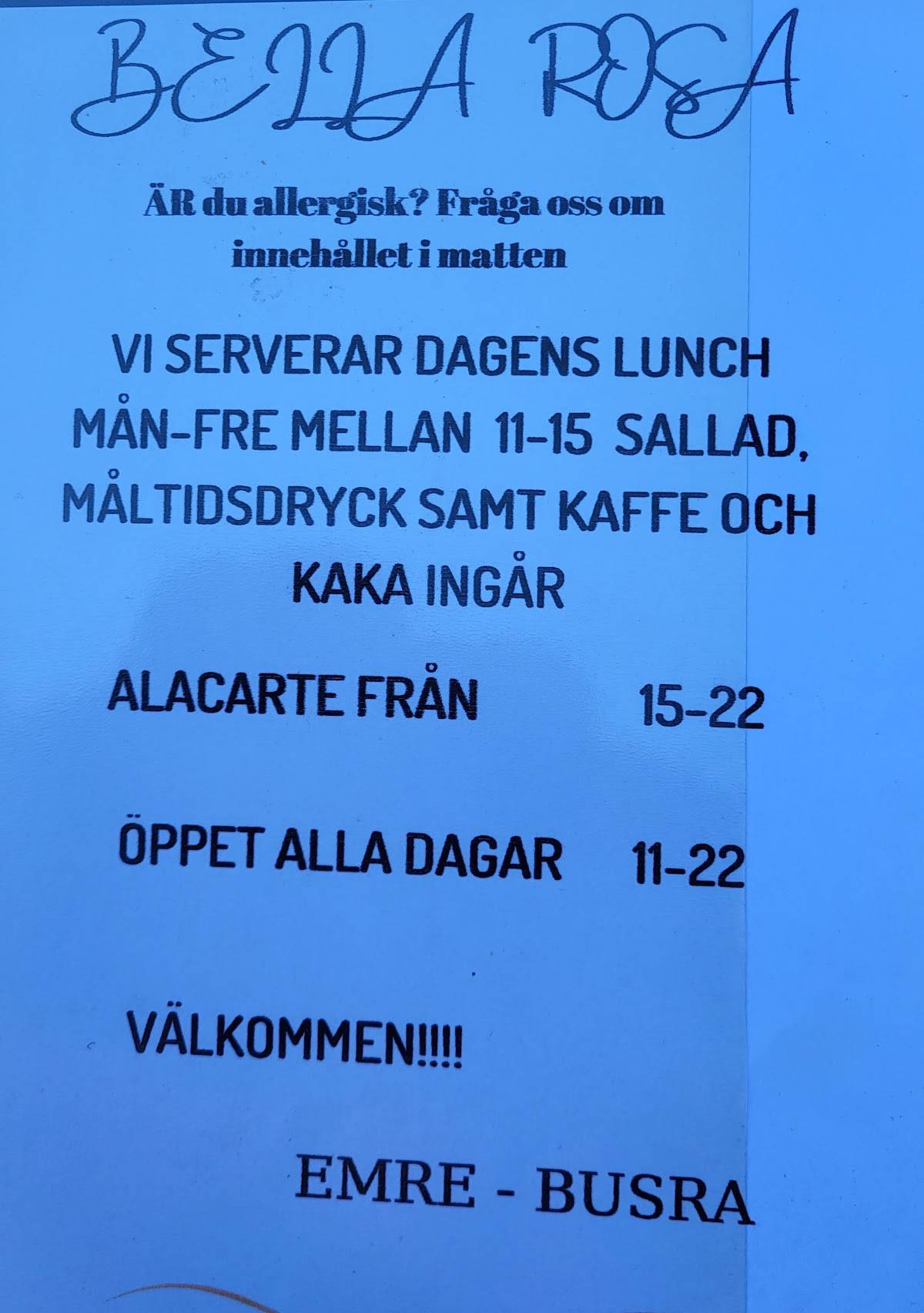 Menu at Bella Rosa restaurant, Säffle