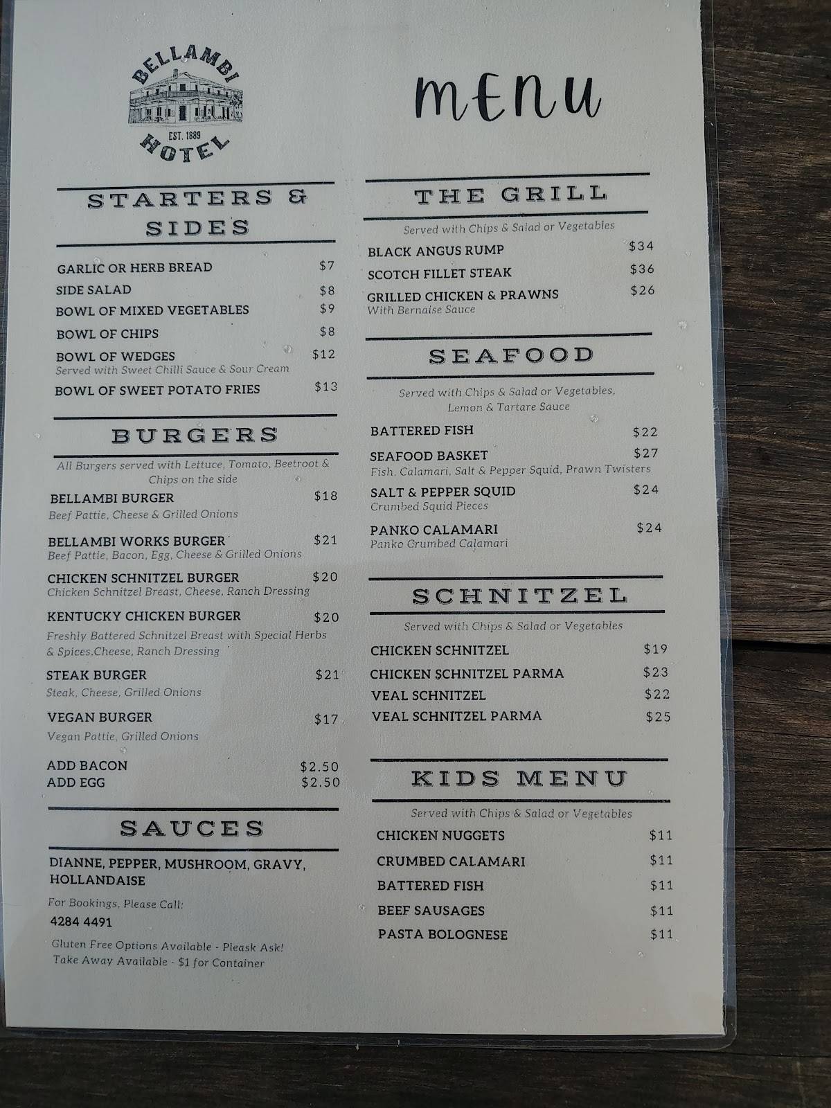 Menu at Bellambi Hotel pub & bar, Bellambi