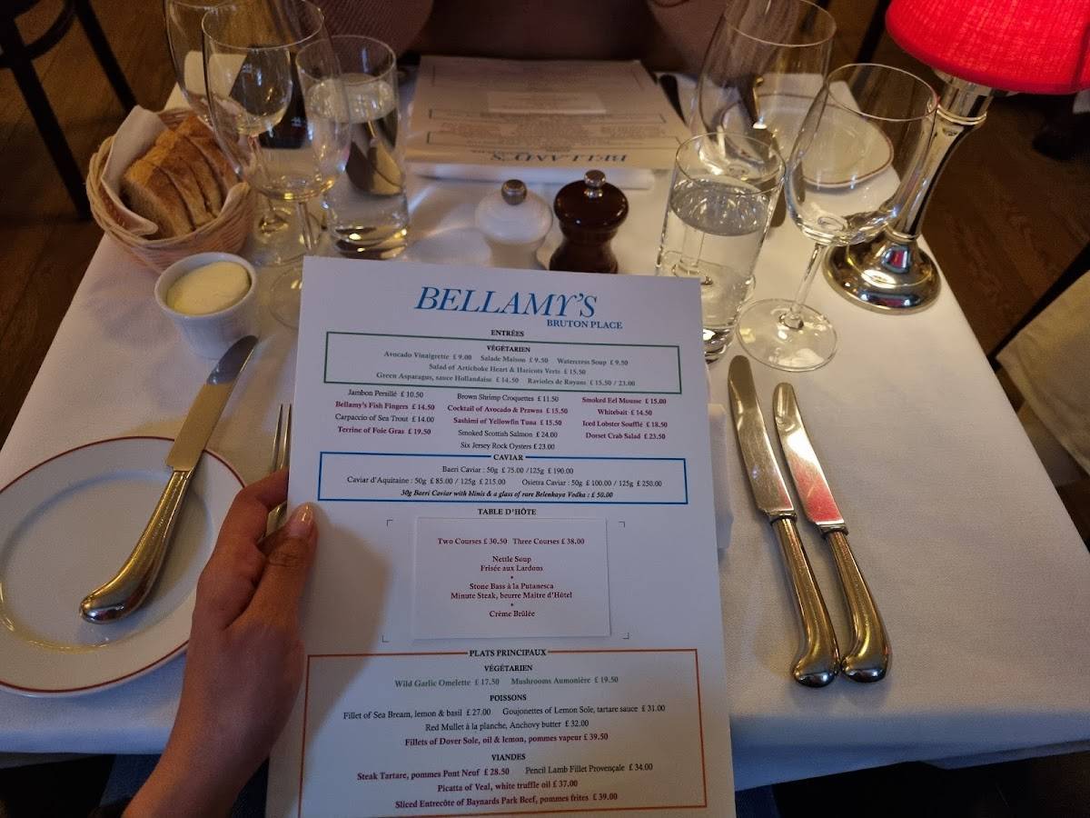 Menu at Bellamy's Restaurant, London, 18 Bruton Pl