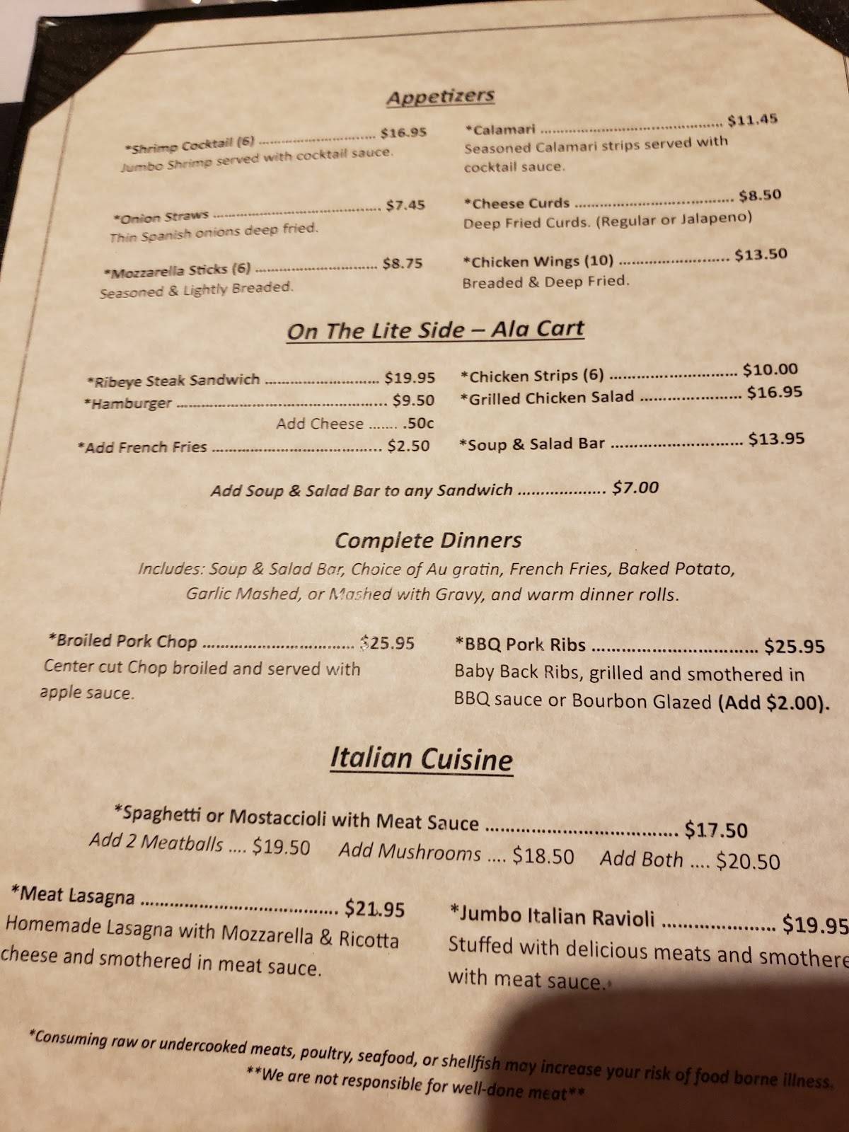Menu at Benedetti's Supper Club, Beloit