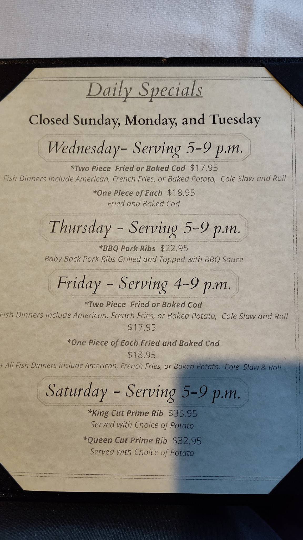 Menu at Benedetti's Supper Club, Beloit