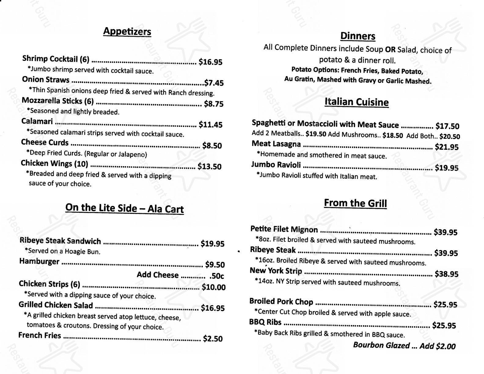 Menu at Benedetti's Supper Club, Beloit