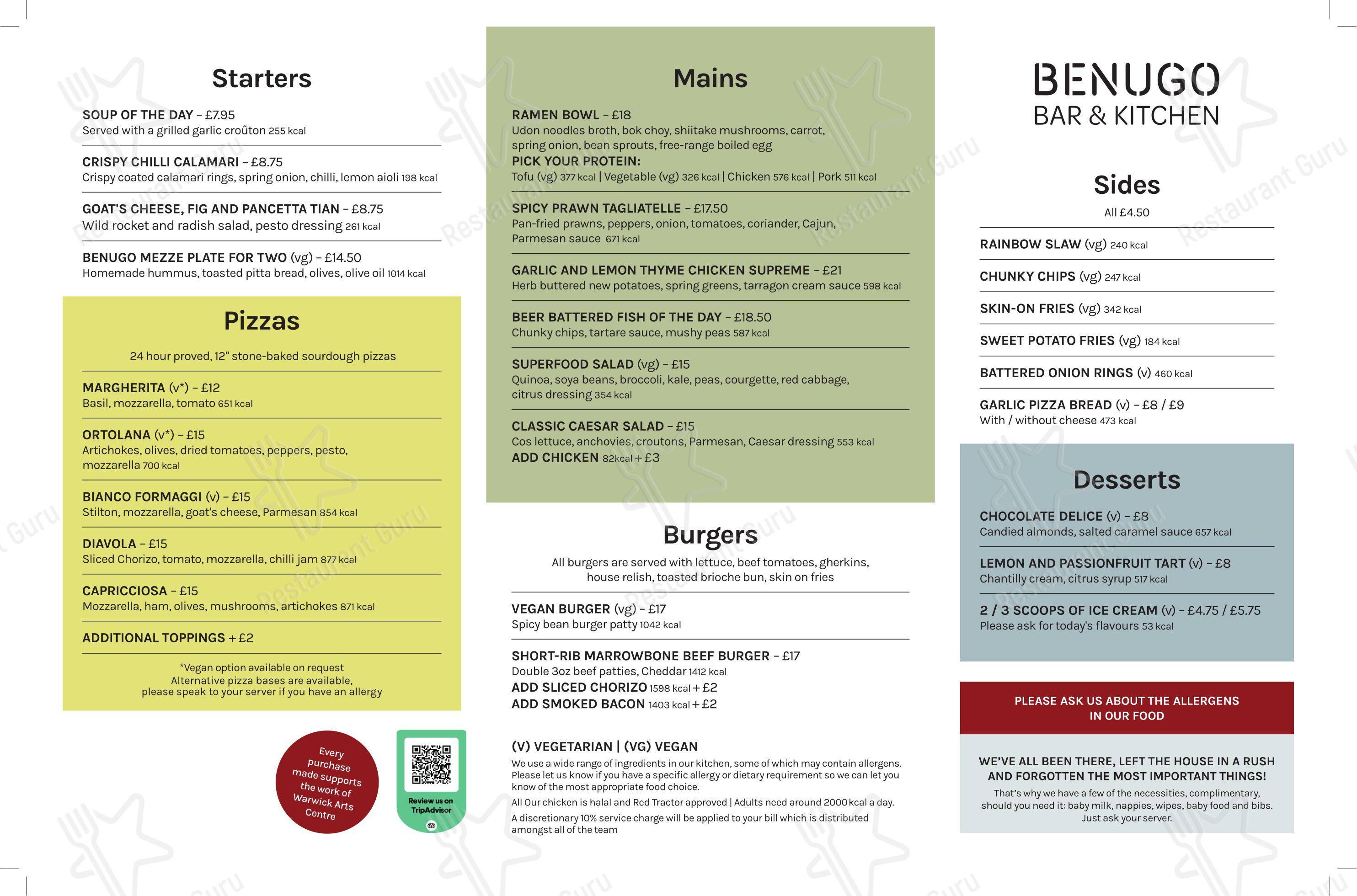 Menu at Benugo Bar & Kitchen at Warwick Arts Centre, Coventry