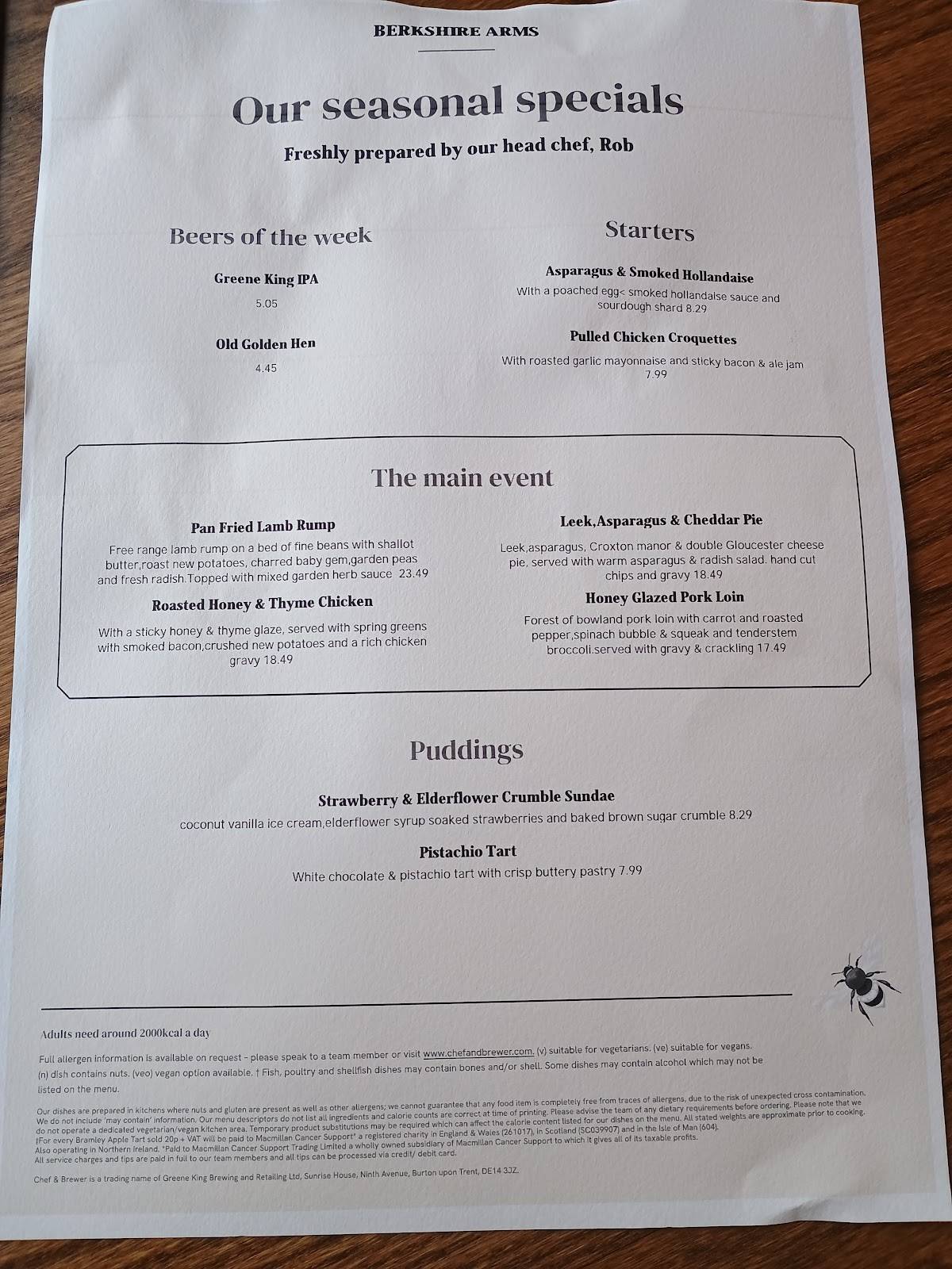 Menu at Berkshire Arms pub & bar, Thatcham, Bath Rd