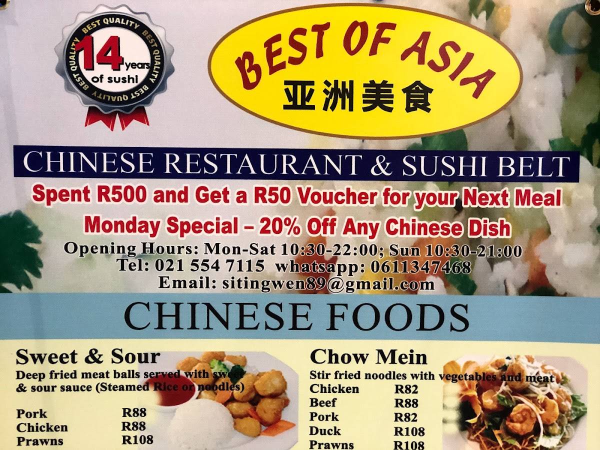 Menu at Best Of Asia Tablebay restaurant, Cape Town
