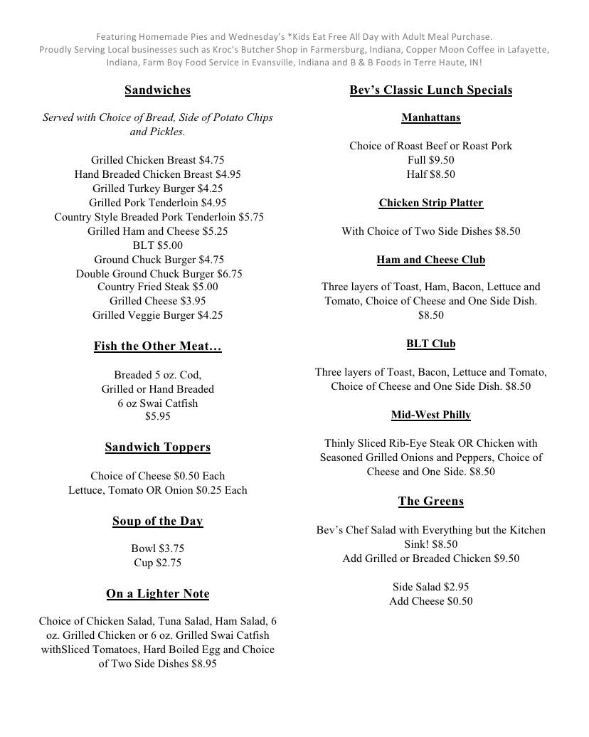 Menu at Bev's Restaurant, Terre Haute
