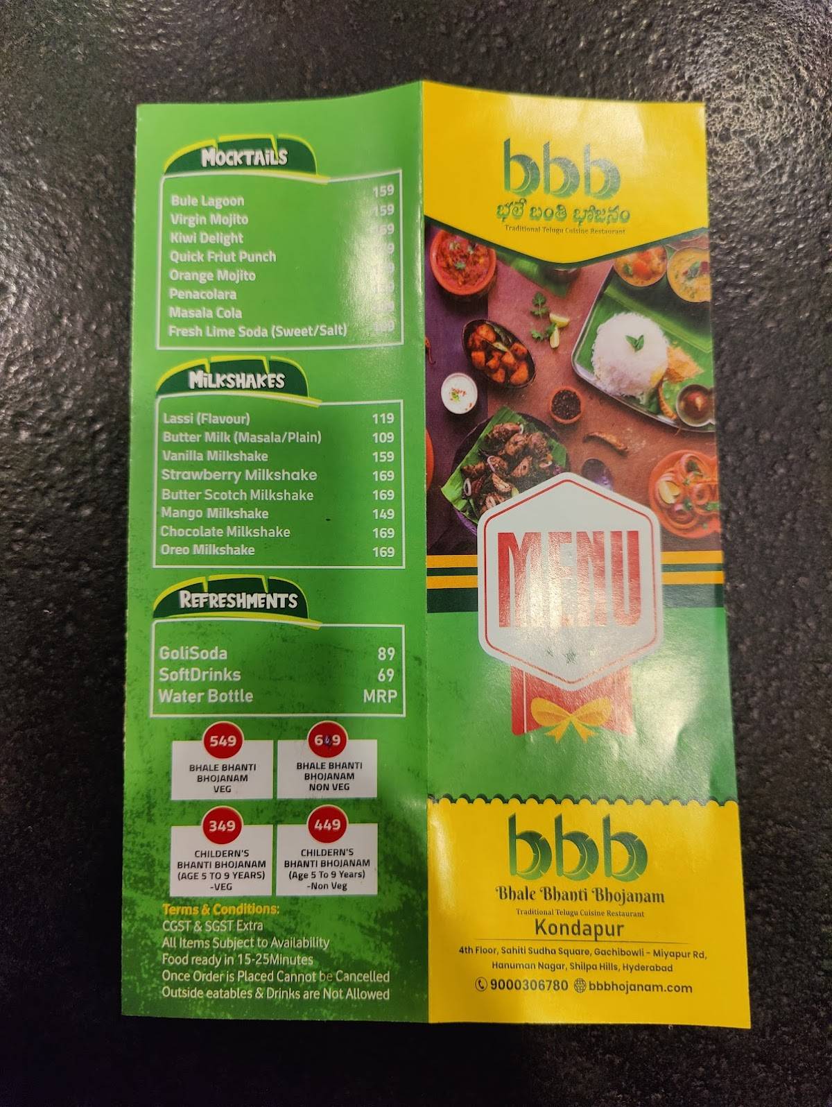 Menu at Bhale Bhanti Bhojanam, Hyderabad