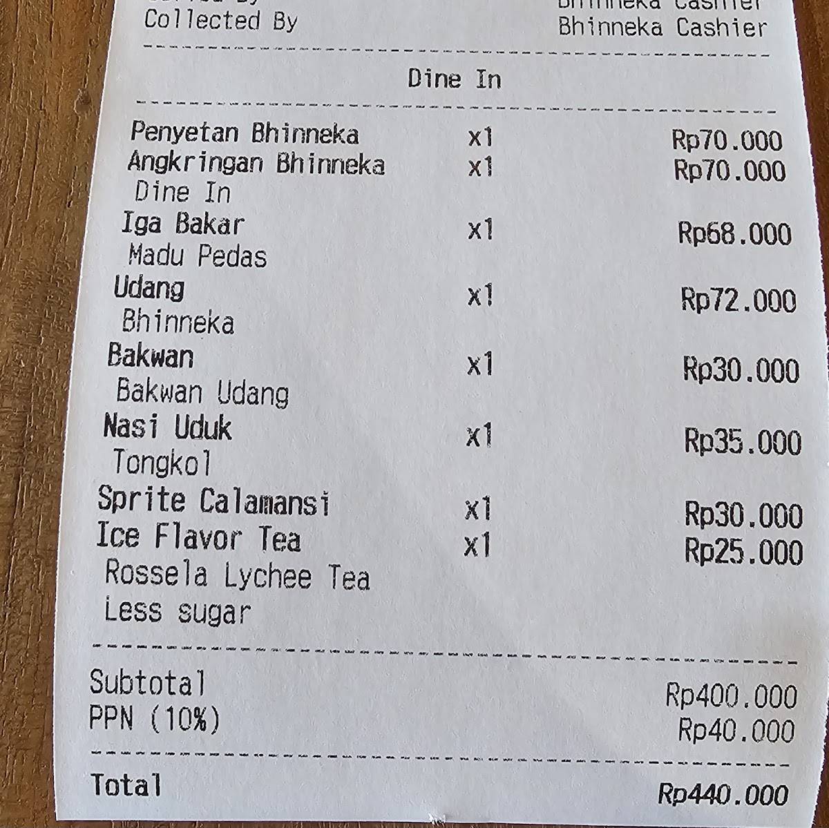 Menu at Bhinneka Indonesian Resto & Cafe, Batam